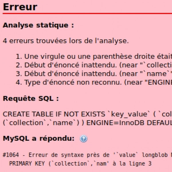 Drupal 8 - PHPMyAdmin - corriger l'erreur « Syntax error near '`value ...